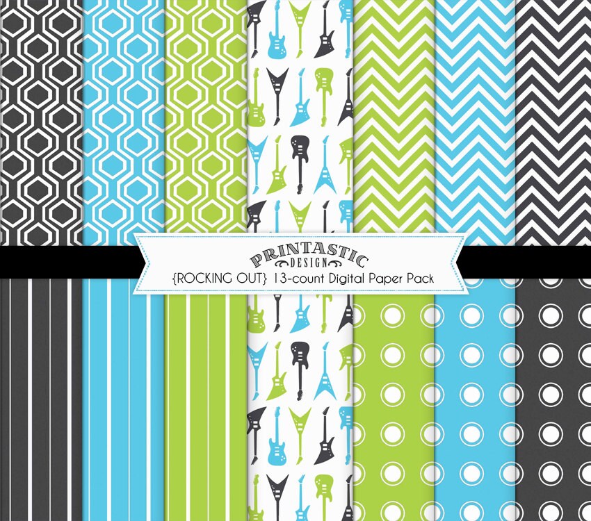 ROCK GUITAR Paper Pack in Lime Green, Turquoise Aqua Blue, and Black ...