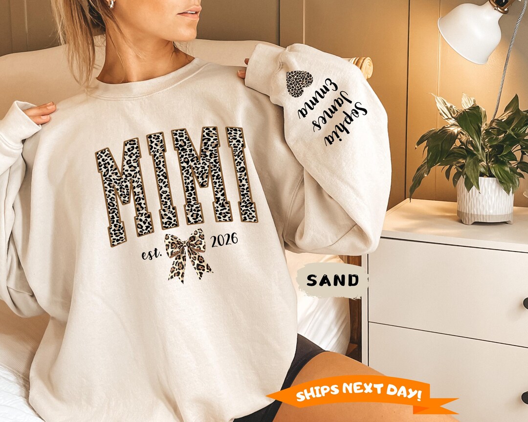 Personalized Leopard Mimi Sweatshirt With Grandkids Name on Sleeve ...
