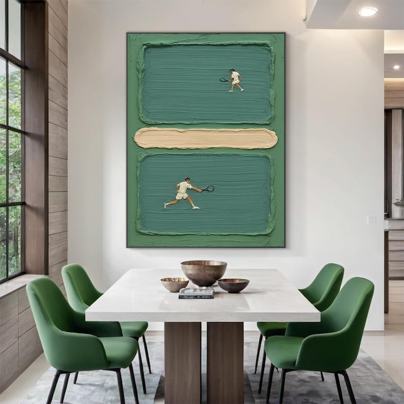 Minimalist Tennis Court Wall Art Textured Green Abstract Painting for ...