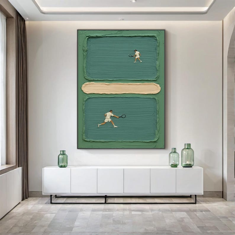 Minimalist Tennis Court Wall Art Textured Green Abstract Painting for ...