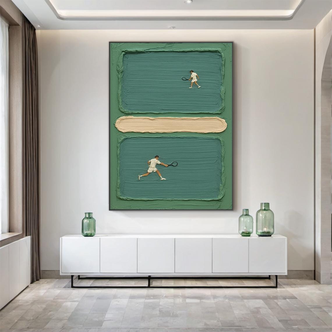 Minimalist Tennis Court Wall Art Textured Green Abstract Painting for ...