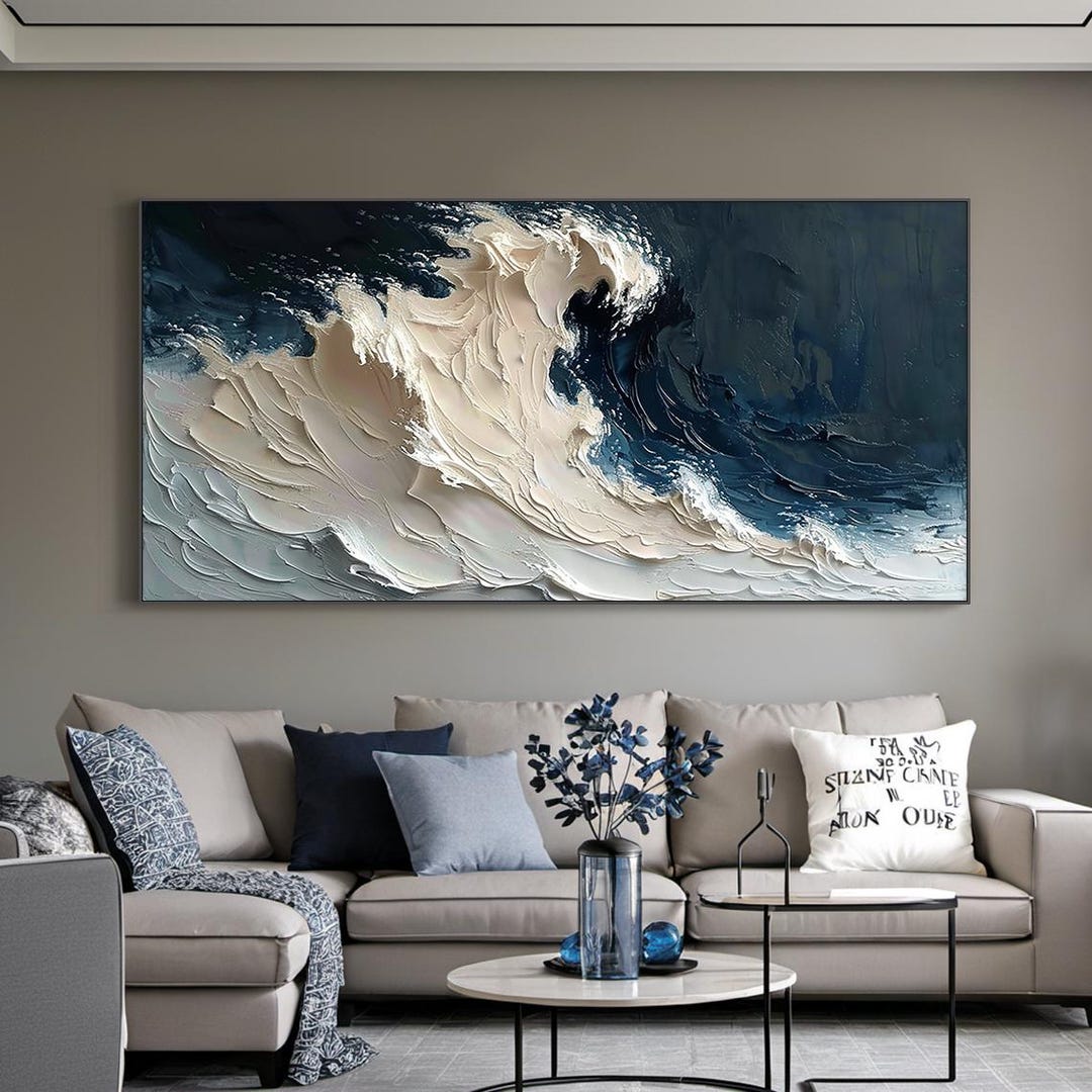 Ocean Wave Abstract Art Textured Oil Painting Modern Blue and White ...