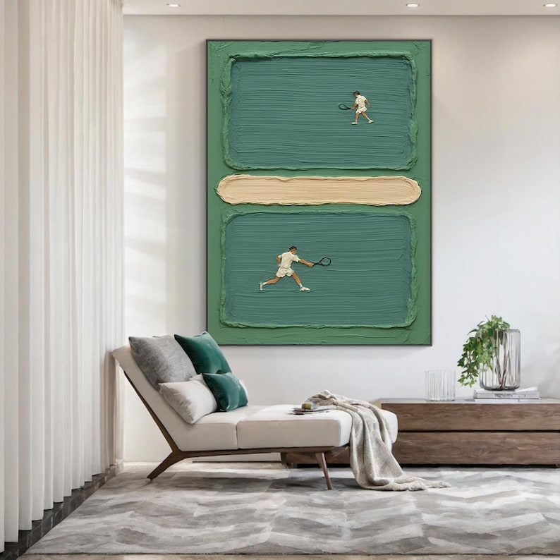Minimalist Tennis Court Wall Art Textured Green Abstract Painting for ...