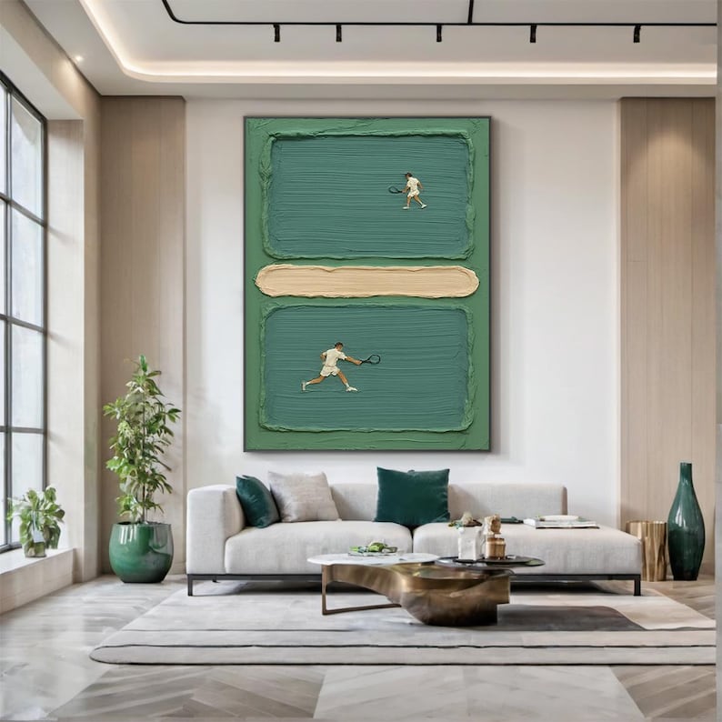 Minimalist Tennis Court Wall Art Textured Green Abstract Painting for ...