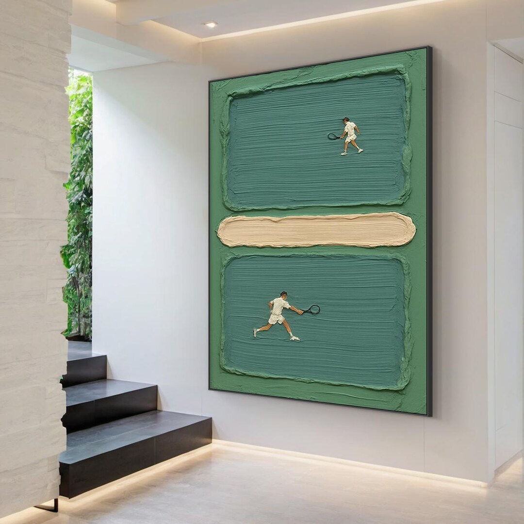 Minimalist Tennis Court Wall Art Textured Green Abstract Painting for ...