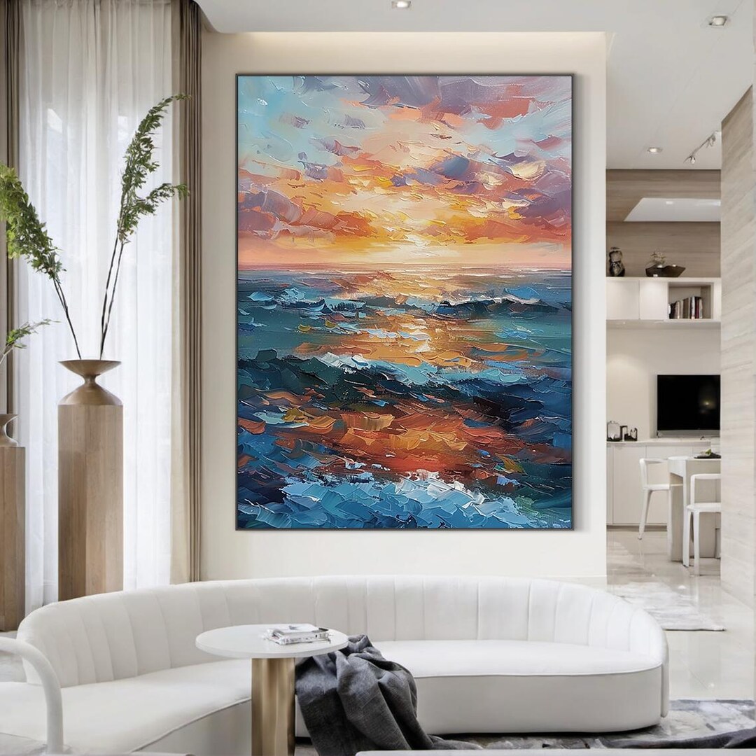 Sunset Oil Painting Large Neutral Canvas Landscape Abstract Vertical ...