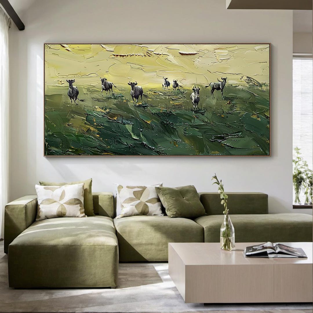 Textured Green Field Cow Art 3D Palette Knife Painting Contemporary ...