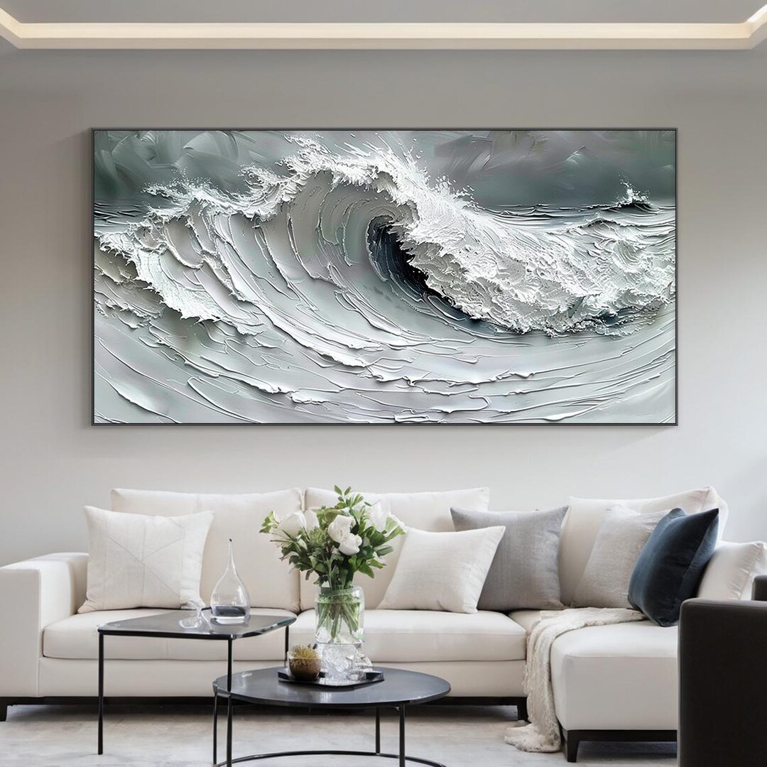 Original Ocean Wave Texture Painting, Abstract Sea Art on Canvas, Large ...