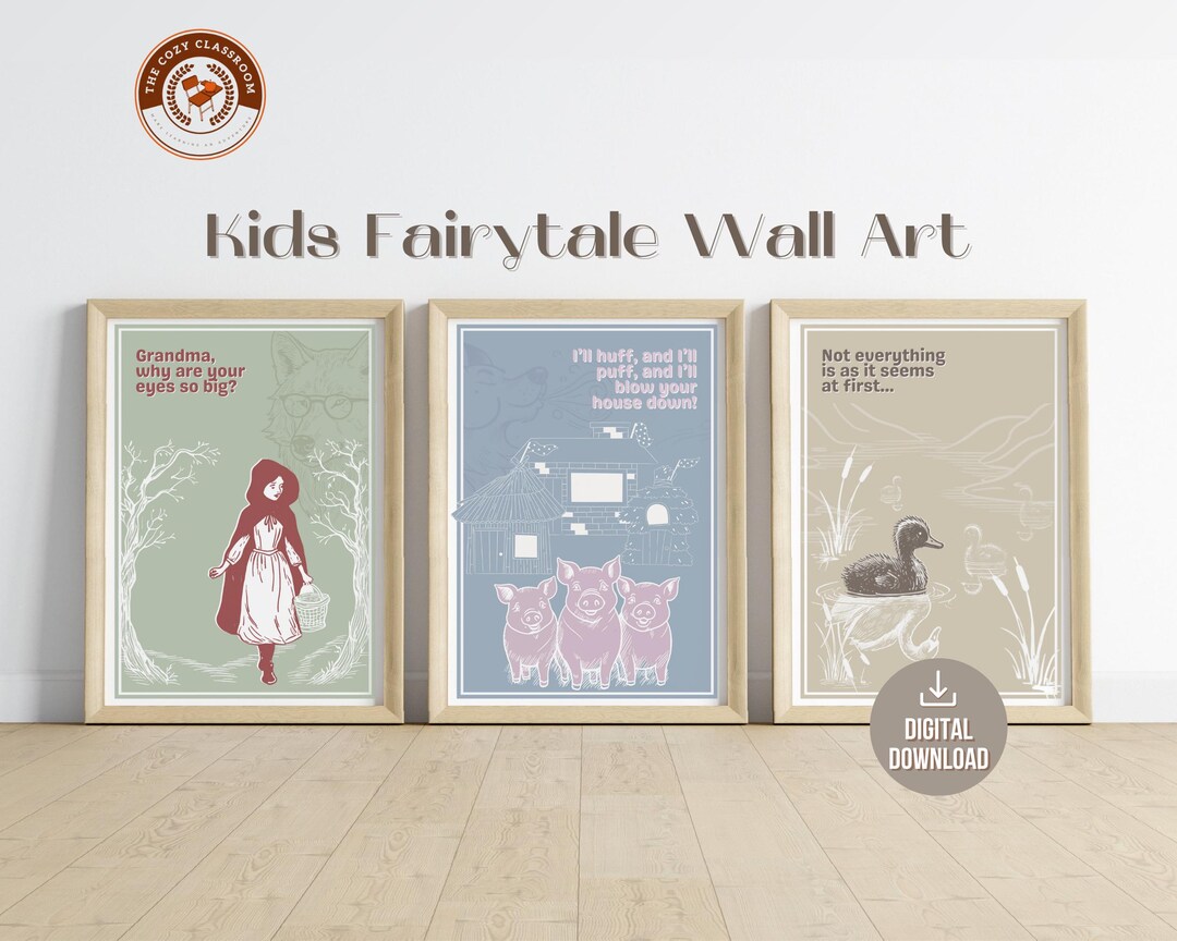 Fairy Tale Wall Art Set Neutral Kids Room Decor Little Red Riding Hood ...