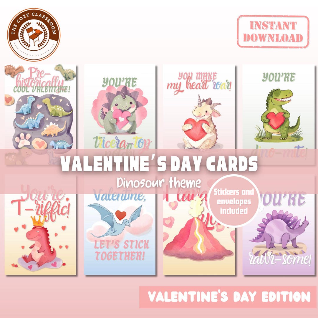 Printable Dinosaur Valentine’s Day Cards Kids Classroom Exchange Cards ...