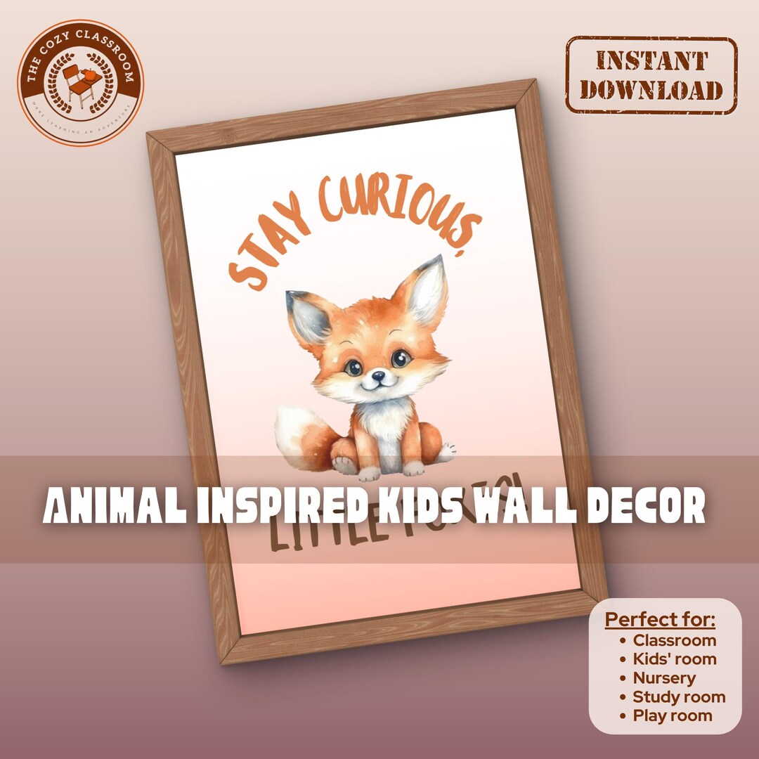 Animal Classroom Poster Kids Room Motivational Wall Decor Fox Nursery ...