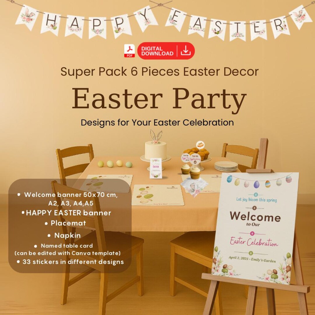 Easter Party Printable Decor: Banner, Stickers, Placemats (digital ...