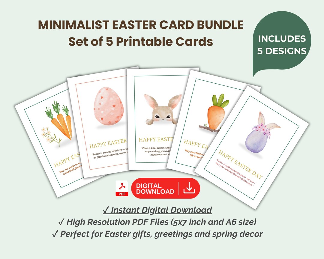 Printable Easter Cards Bundle – Set of 5 Minimalist Happy Easter Day ...