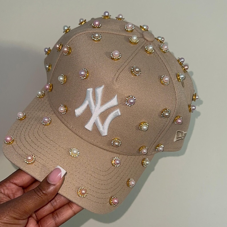 Tan NY Yankees Pearl Bling Hat - Etsy