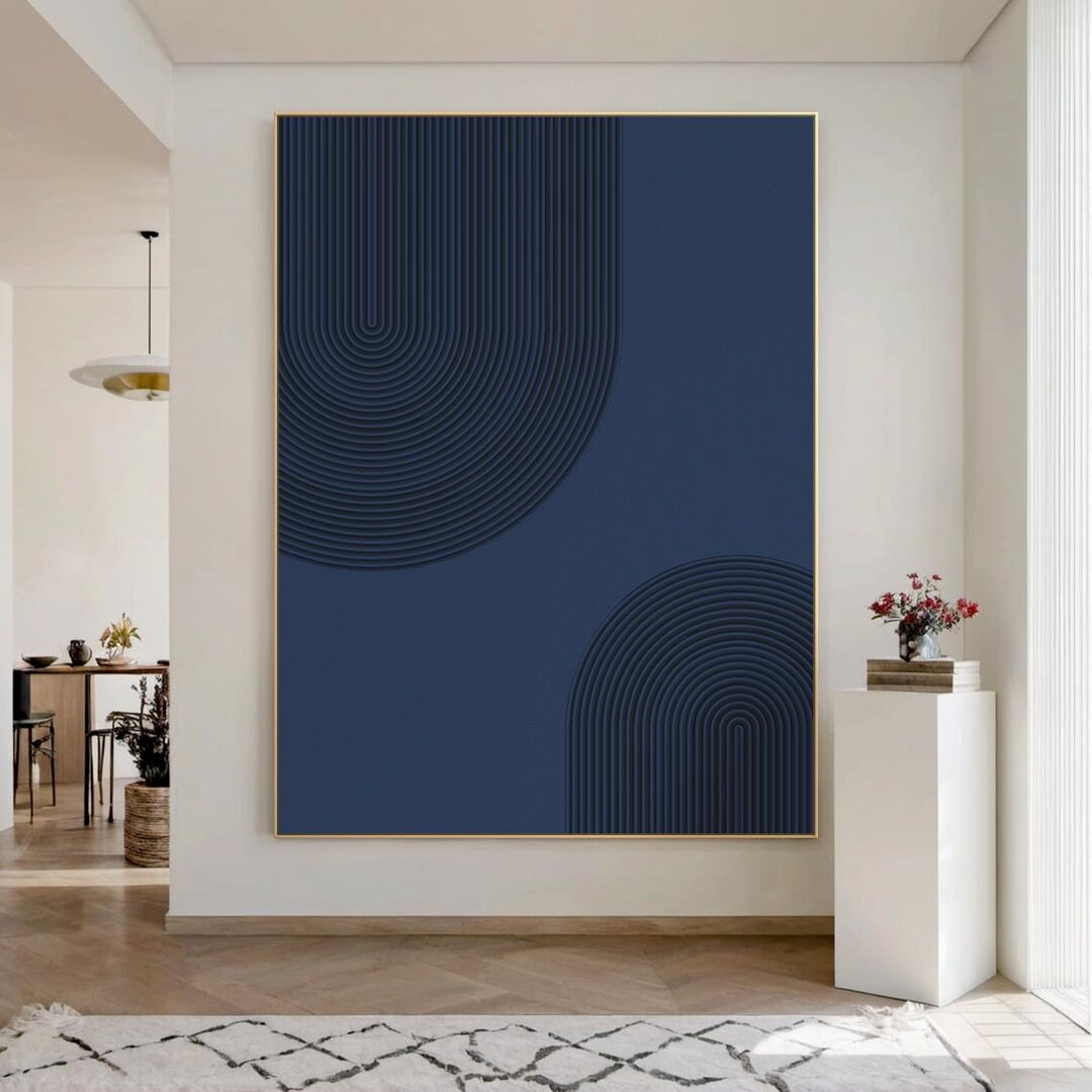 Large Minimalist Navy Blue Geometric Line Art, Abstract Circular Wall ...