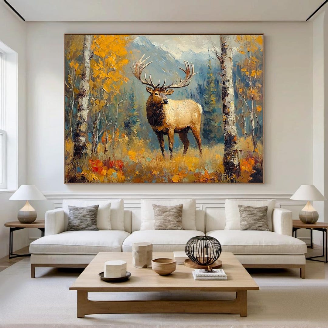 Large Elk Oil Painting, Wildlife Art, Fall Forest Scene, Hand-painted ...