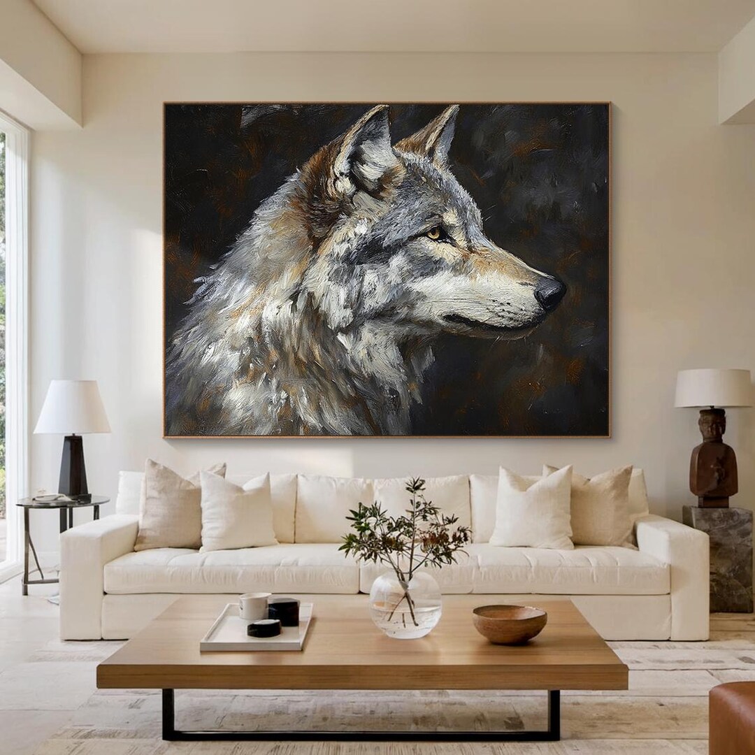 Large Realistic Gray Wolf Portrait Oil Painting, Thick Textured ...