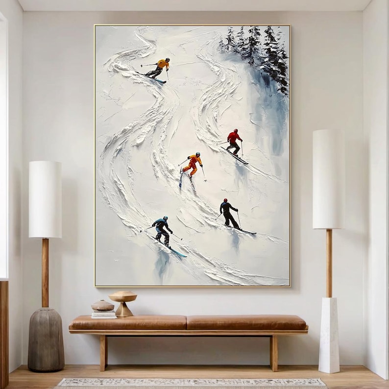 Abstract Skiing Oil Painting, 3D Snowy Mountain Art, Modern Ski Art ...