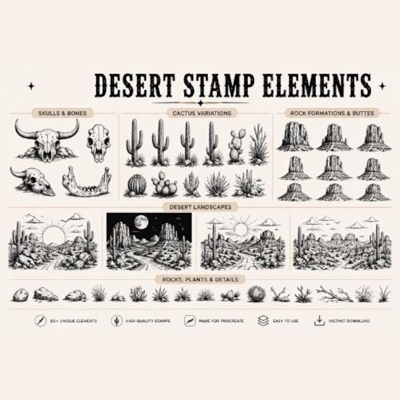 Desert Stamp Brushes, Western Tattoo Engraving Style Pack (digital ...