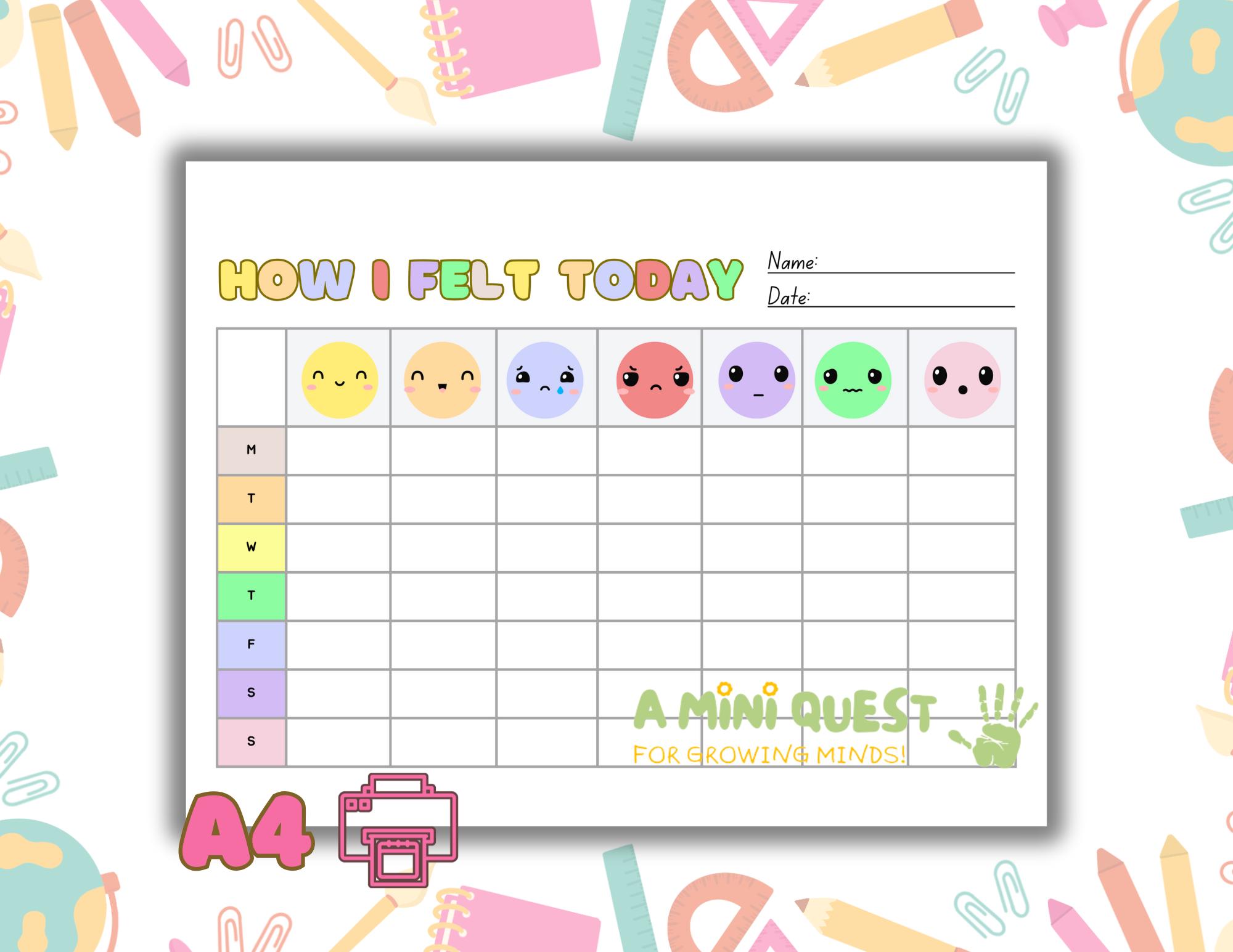 Kids’ Daily Emotion Tracker Chart – Feelings Journal, Mood Board for ...