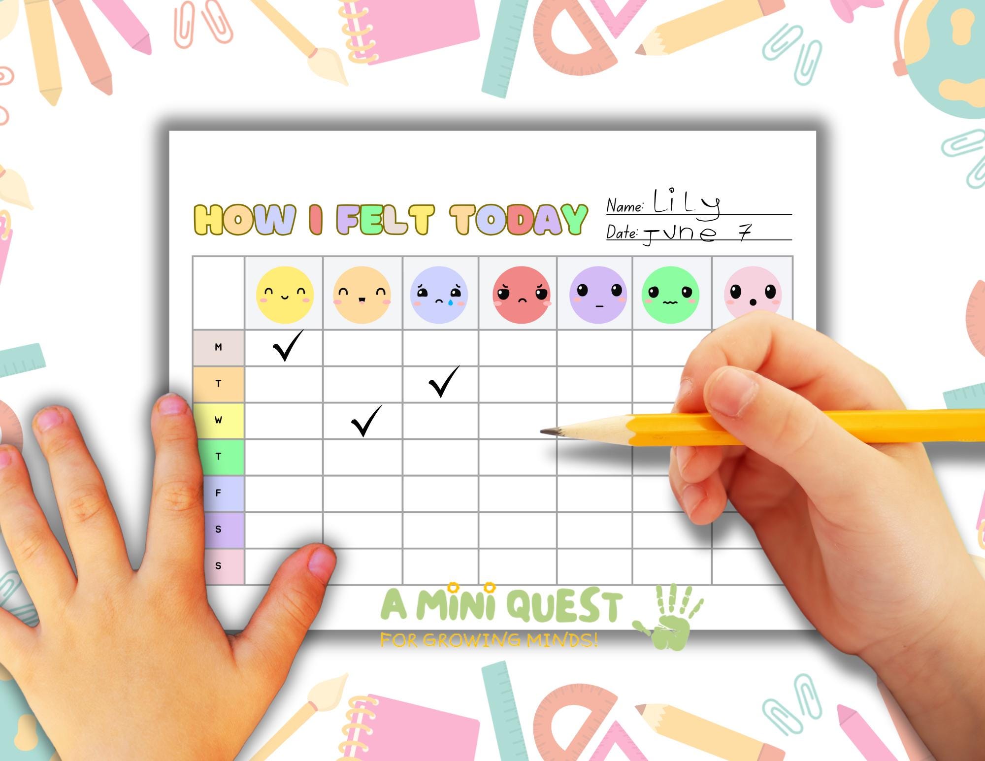 Kids’ Daily Emotion Tracker Chart – Feelings Journal, Mood Board for ...