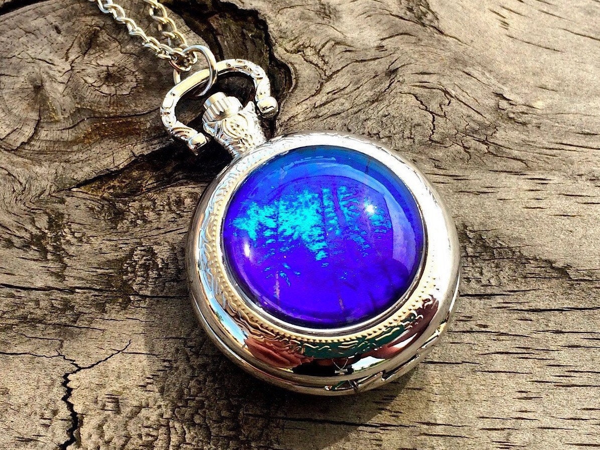 Real Butterfly Jewelry Pocketwatch Necklace Blue Morpho Wing Working ...