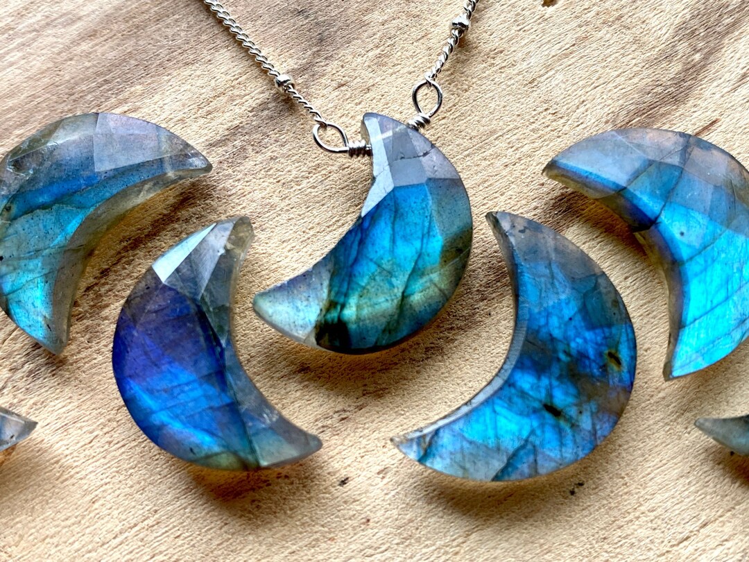 Raw Labradorite Moon Necklace Crystal Moon Necklace for Women Blue ...