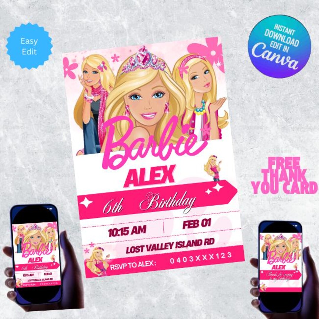 Editable Barbie Birthday Invitation, Barbie Birthday Invitations, Girls ...