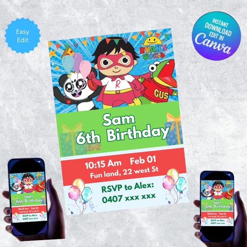 Editable Ryans World Birthday Invitation, Ryans World Birthday ...