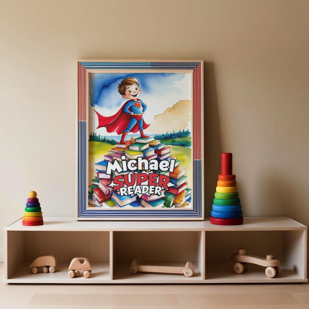 Personalized Super Reader Boy Print: Superhero Book Lover Gift (digital ...
