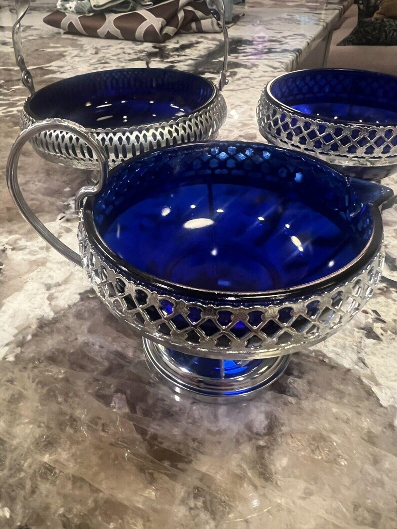 Vintage Cobalt Blue Glass Silver Mayell E.P. Cream Sugar Jam Candy ...