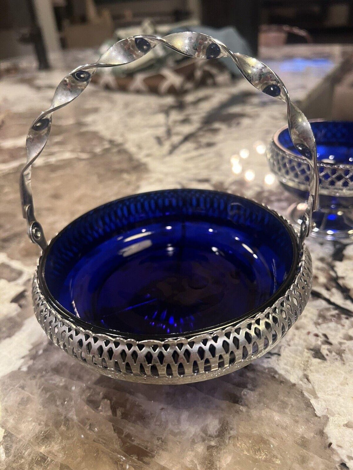 Vintage Cobalt Blue Glass Silver Mayell E.P. Cream Sugar Jam Candy ...