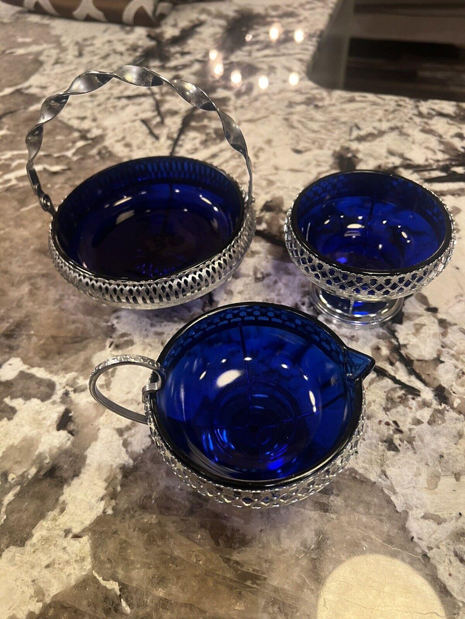 Vintage Cobalt Blue Glass Silver Mayell E.P. Cream Sugar Jam Candy ...