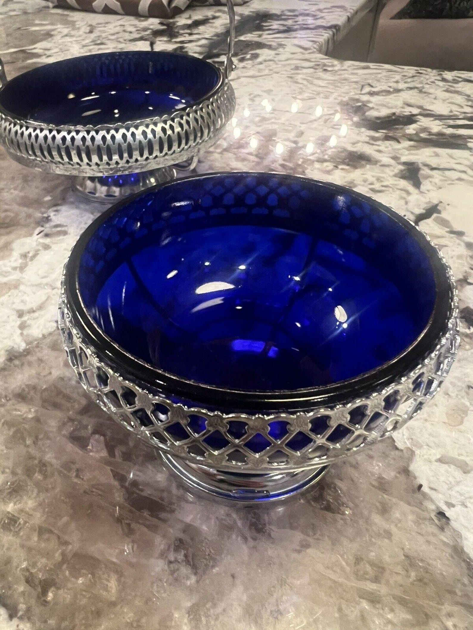Vintage Cobalt Blue Glass Silver Mayell E.P. Cream Sugar Jam Candy ...