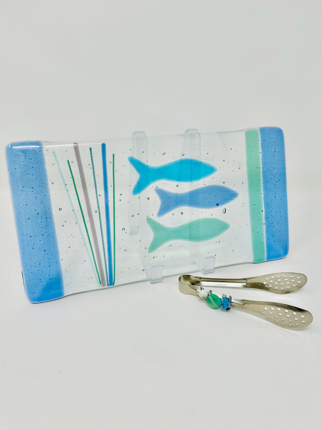 Fused Glass Fish Appetizer Cheese Plate With Hand Beaded Serving Tongs ...