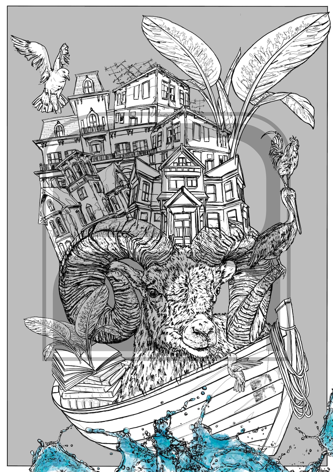 Surreal Ram & Floating Houses Digital Art - Fantasy Animal Printable ...