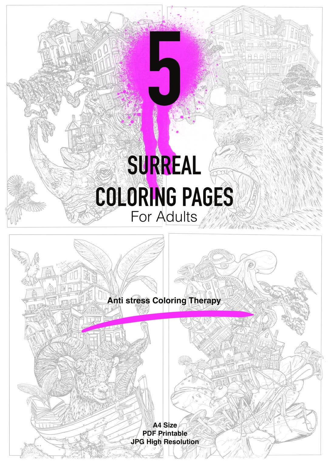 Surreal Coloring Pages for Adults, Intricate Fantasy Houses and ...