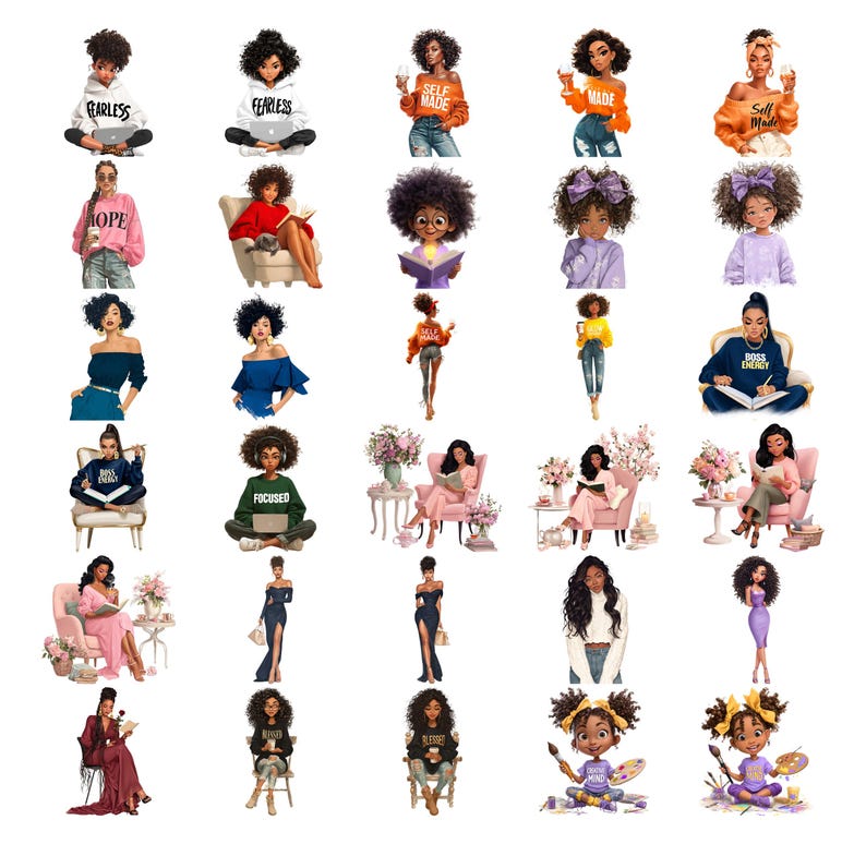 Black Woman Clipart, Black Girl Clipart Bundle, Motivational Quotes PNG ...