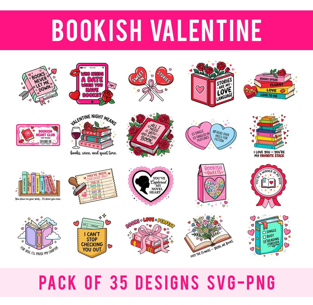 Valentine Bookish PNG Bundle, Book Lover Png Bundle, Valentines Day ...