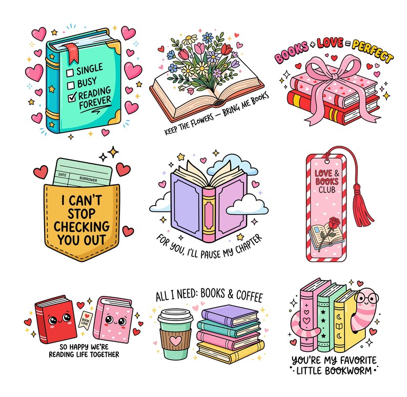 Valentine Bookish PNG Bundle, Book Lover Png Bundle, Valentines Day ...