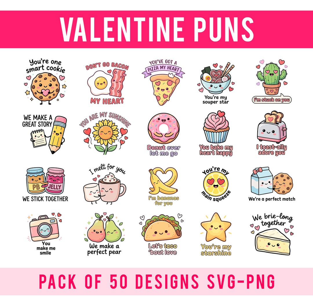 Valentine Puns Bundle PNG, Cute Pink Valentine Clipart, Valentines Day ...