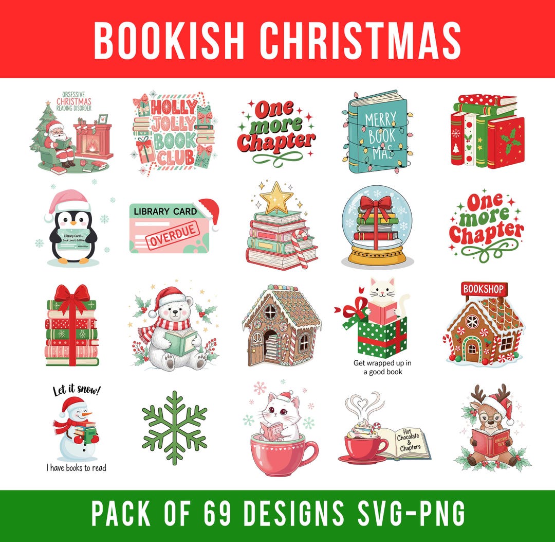 Christmas Bookish Svg Clipart, Christmas Book Lover Clipart, Bookish ...