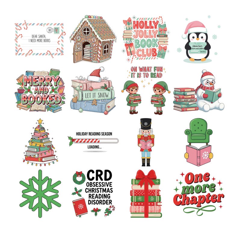 Christmas Bookish Svg Clipart, Christmas Book Lover Clipart, Bookish ...