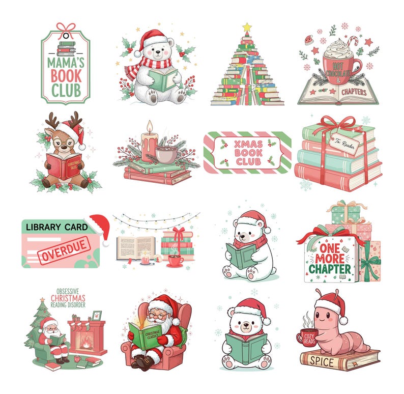 Christmas Bookish Svg Clipart, Christmas Book Lover Clipart, Bookish ...