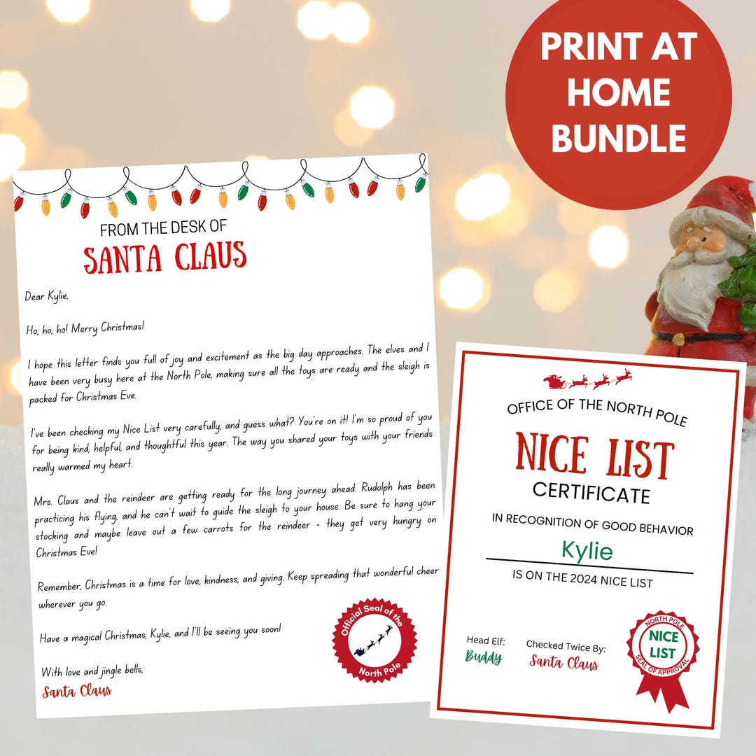 Personalized Letter From Santa and Nice List Certificate Set Custom ...