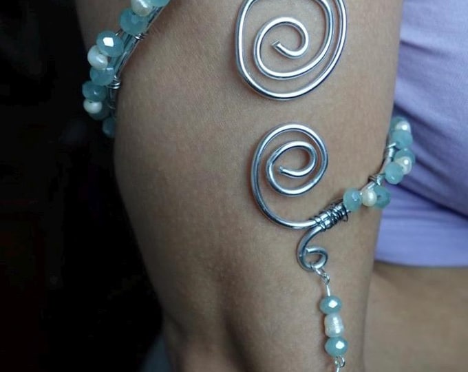 Handmade Mermaid Arm Cuff – Wire-wrapped Spiral Arm Bracelet With Aqua ...