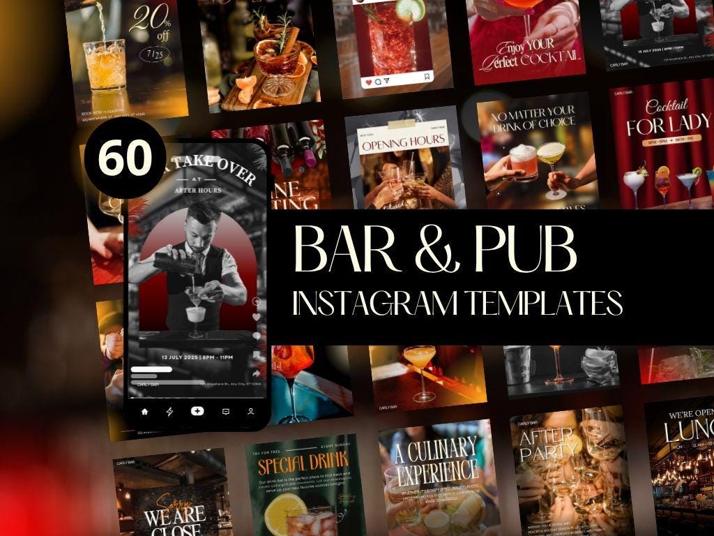 Bar & Cocktail Instagram Templates: Editable Canva Marketing Kit ...