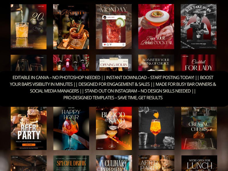 Bar & Cocktail Instagram Templates: Editable Canva Marketing Kit ...