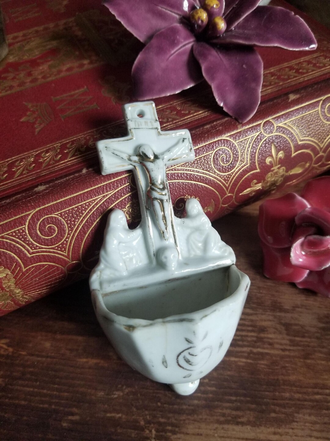 French Antique Porcelain Holy Water Font With Calvary and Skull - Etsy