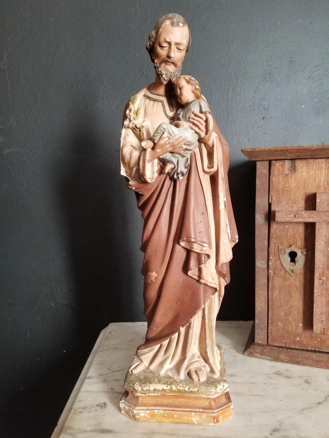 St Joseph Holding the Infant Jesus Antique Polychrome Plaster Statue - Etsy